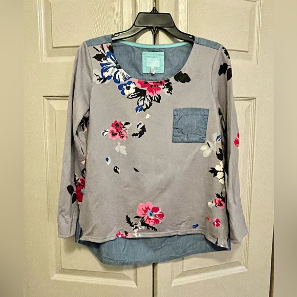 Joules | Tops | Joules Mixed Media Chambray And Floral Cotton 34 Sleeve ...